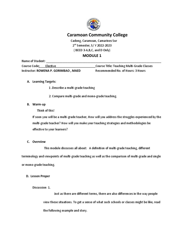 Teaching Multi Grade Classes Module 1 | PDF | Teachers | Curriculum