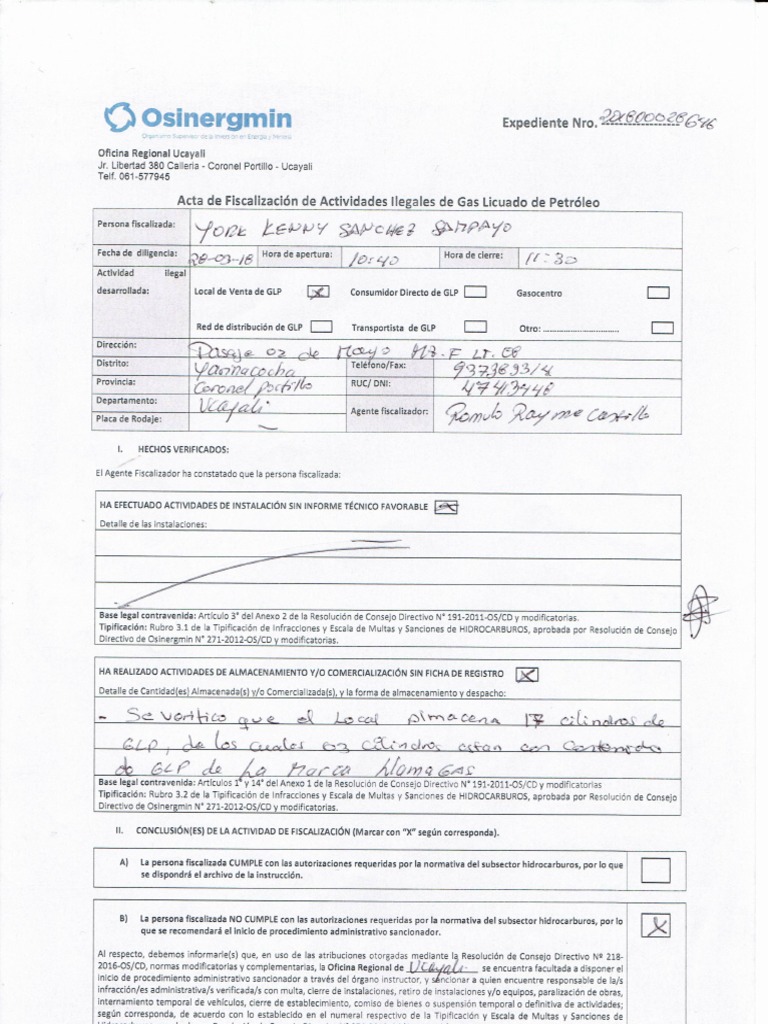 Acta de Fiscalizacion OSINERGMIN | PDF