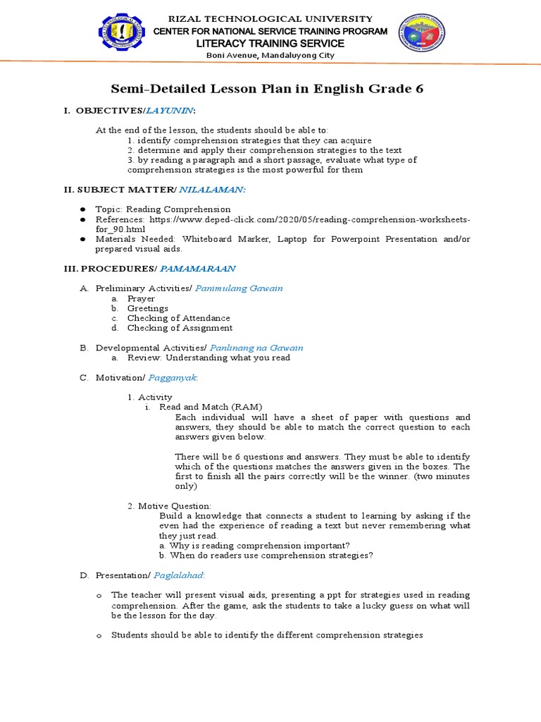 BELIA - SD Lesson Plan Reading Comp G6 | PDF | Reading Comprehension | Pedagogy