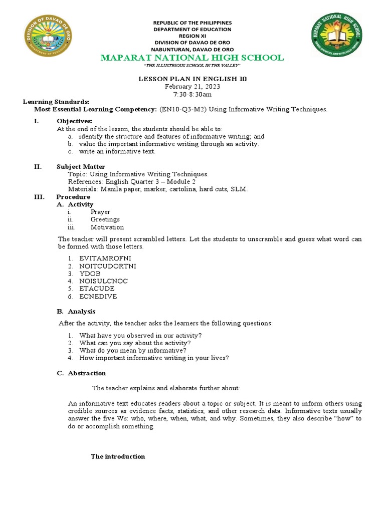 Informative Writing Techniques Lesson Plan | PDF | Essays | Rubric ...