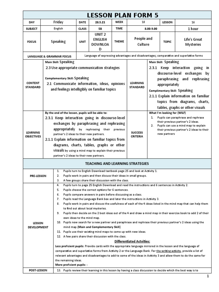 Lesson Plan Form 5: Teaching and Learning Strategies | PDF | English ...