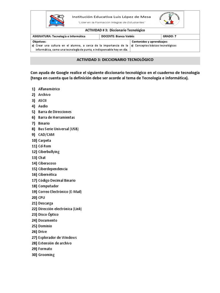 Actividad 3 - Grado 7 - Taller Diccionario Tecnologico | PDF | Red ...