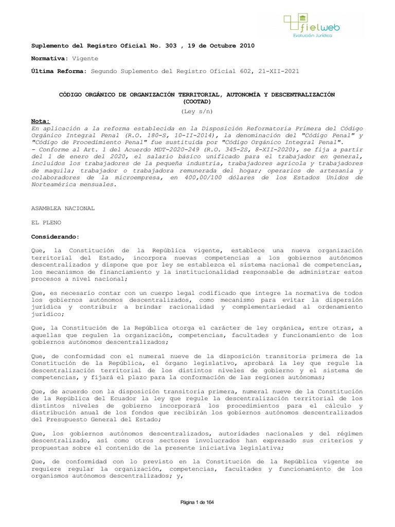 Código Orgánico de Organización Territorial, Autonomía y ...