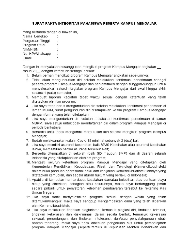 Surat Pakta Integritas Mahasiswa KM5.docx | PDF