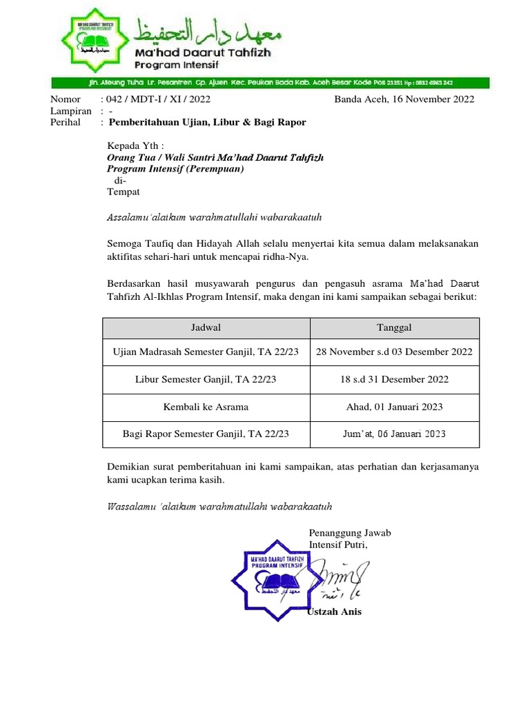 Pemberitahuan Ujian, Libur & Bagi Rapor (Intensif Putri) | PDF