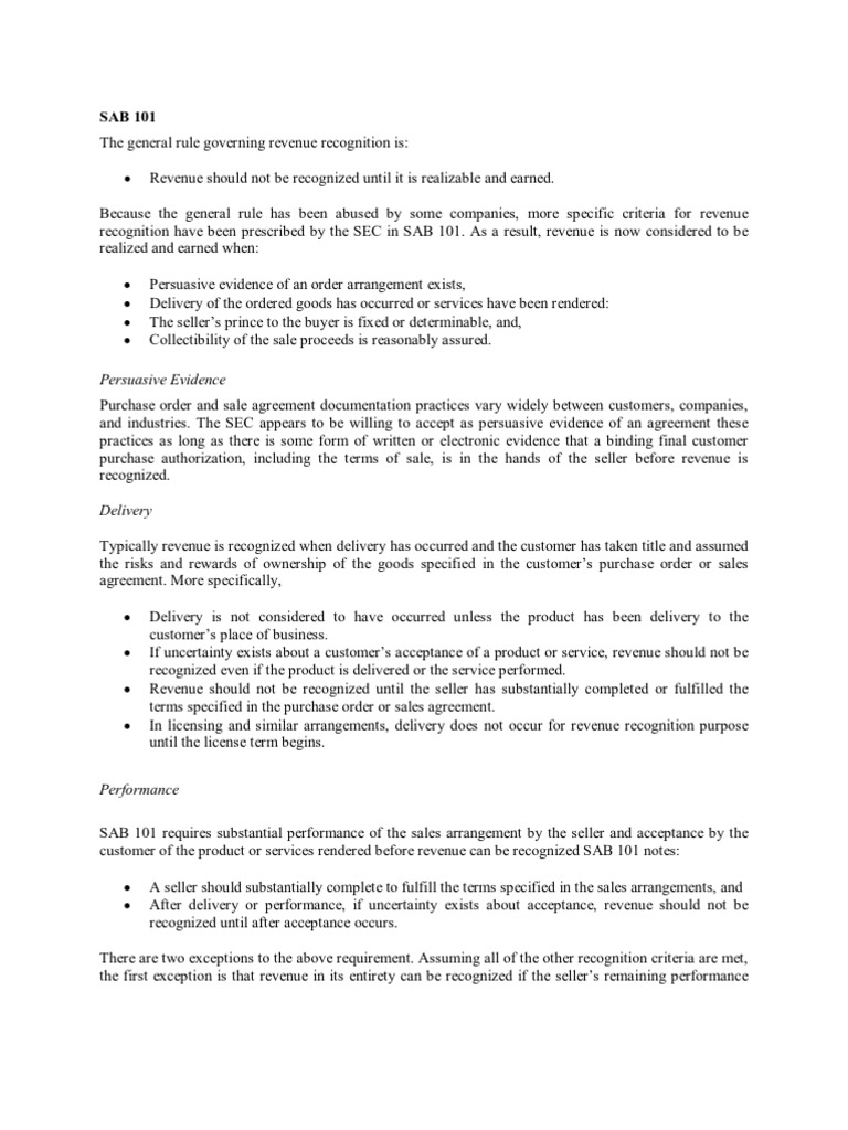 SAB 101: Comprehensive Summary of the SEC's Revenue Recognition ...