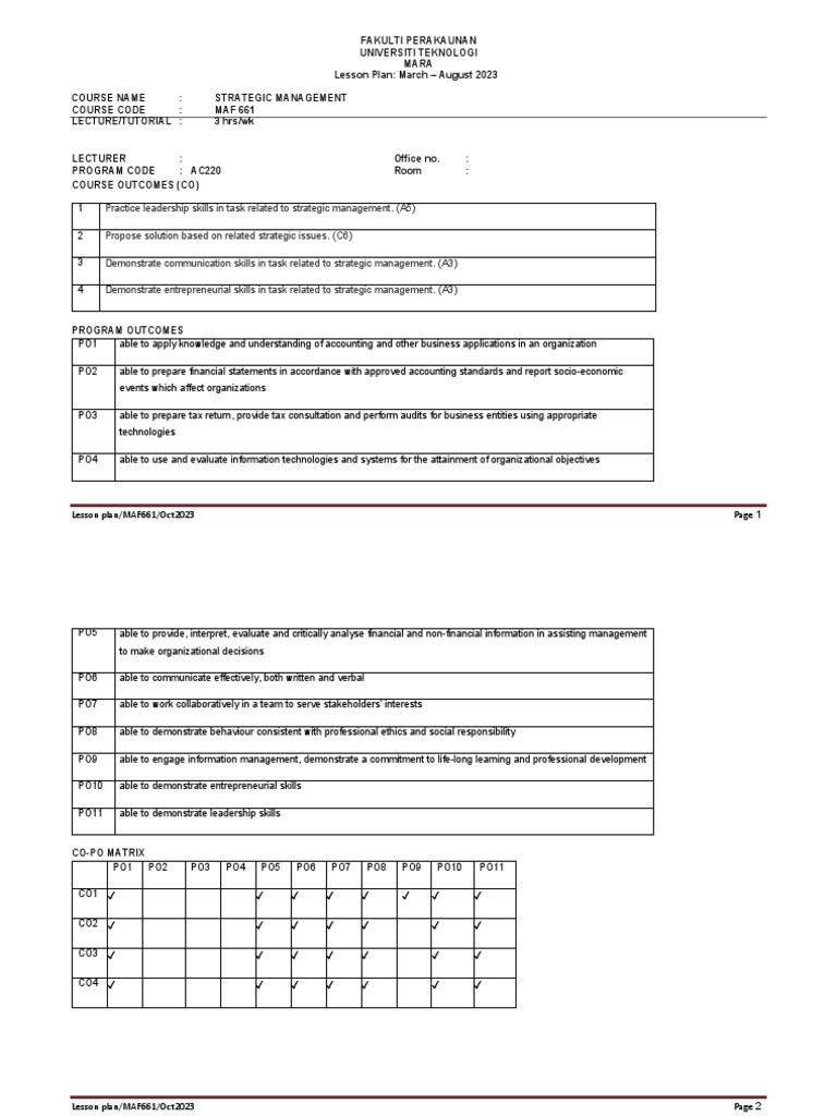 MAF661 OBELessonPlan 20224 Semester Mac-Aug 2023 | PDF ...