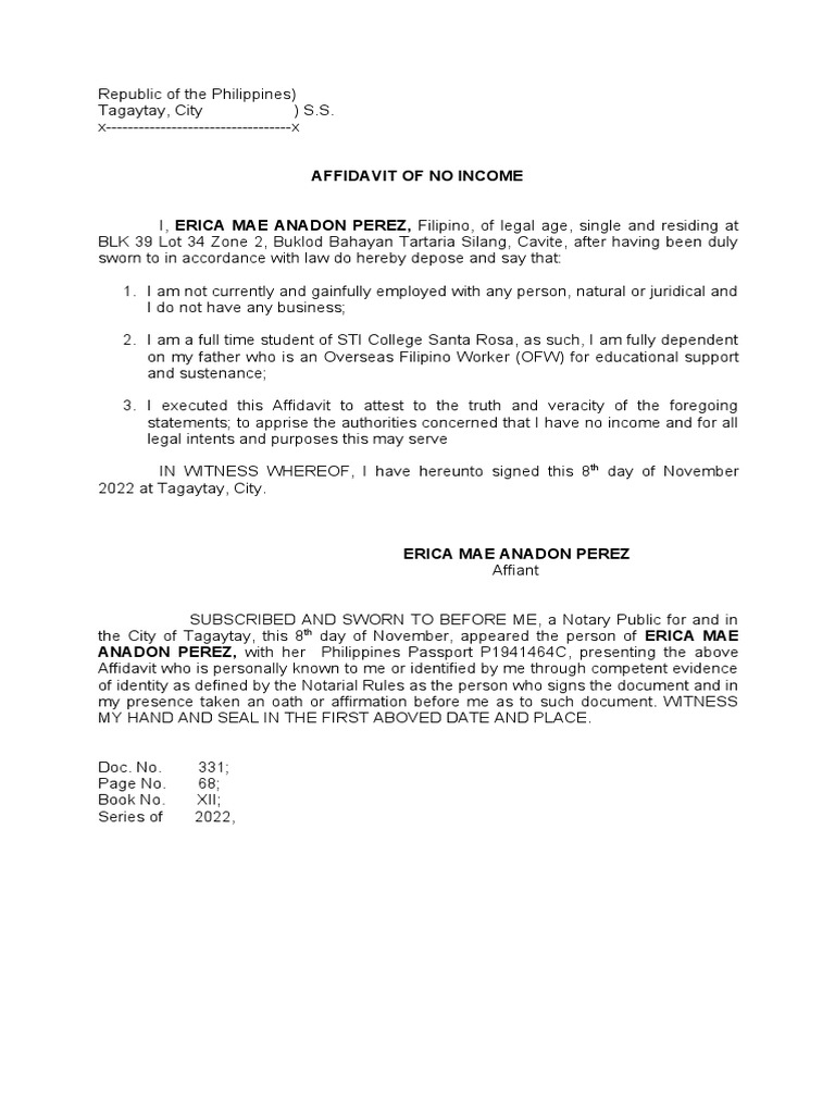 Affidavit of No Income by Erica Mae Perez | PDF