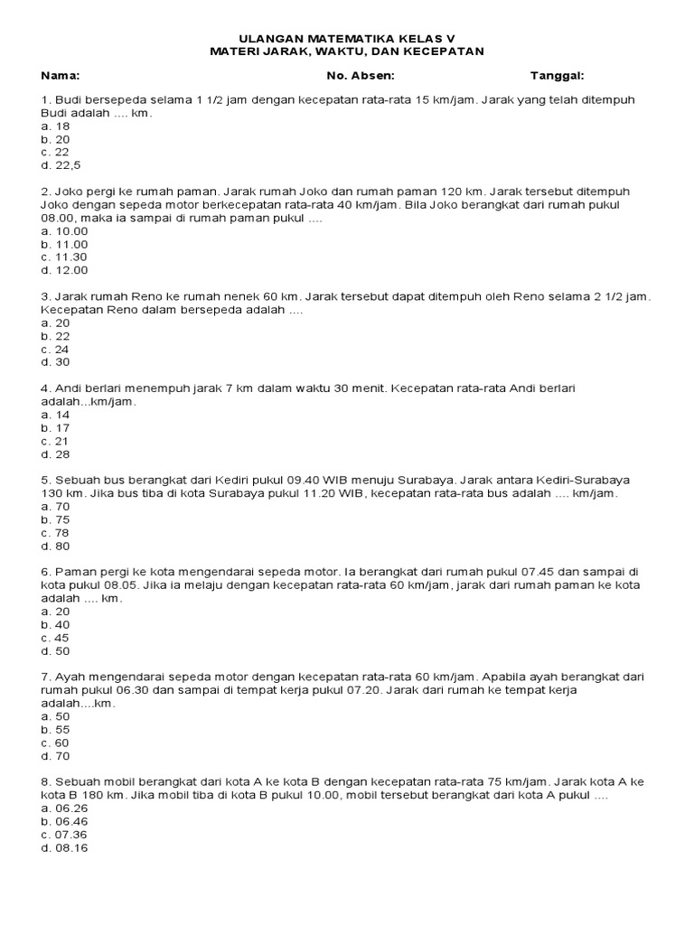 Ulangan Matematika Kelas V JKW | PDF
