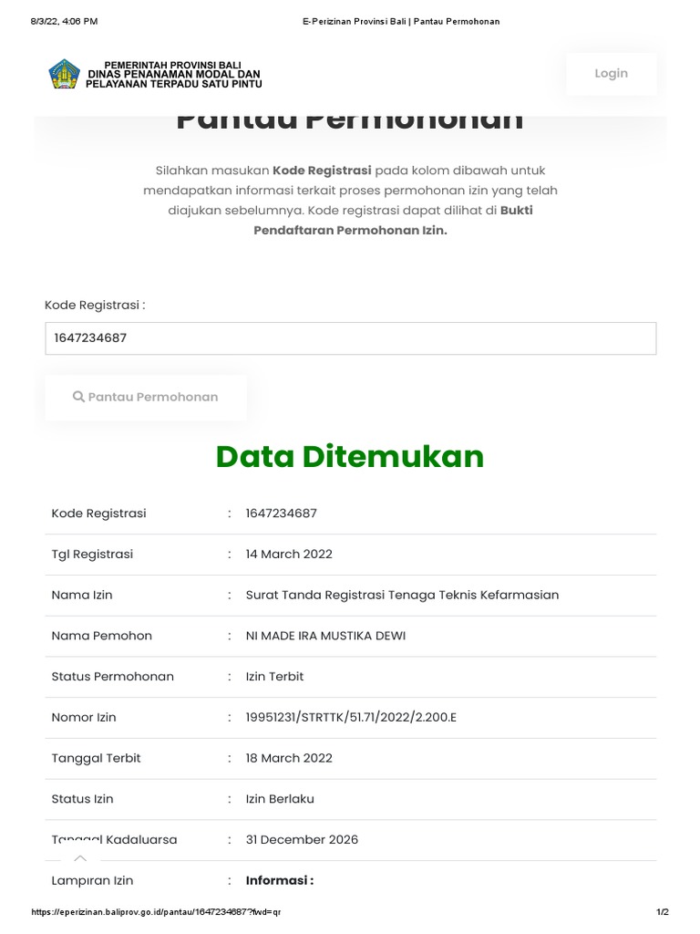 E-Perizinan Provinsi Bali - Verifikasi - STRTTK PDF | PDF
