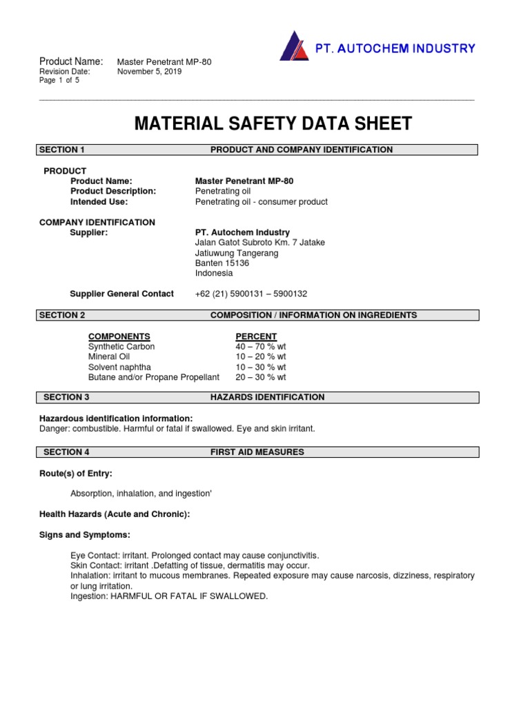 Material Safety Data Sheet: Pt. Autochem Industry | PDF | Combustion | Firefighting