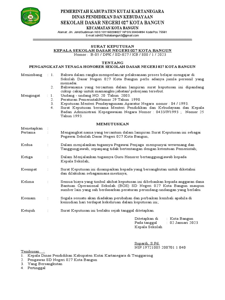 Contoh SK Pengangkatan Guru Honorer | PDF