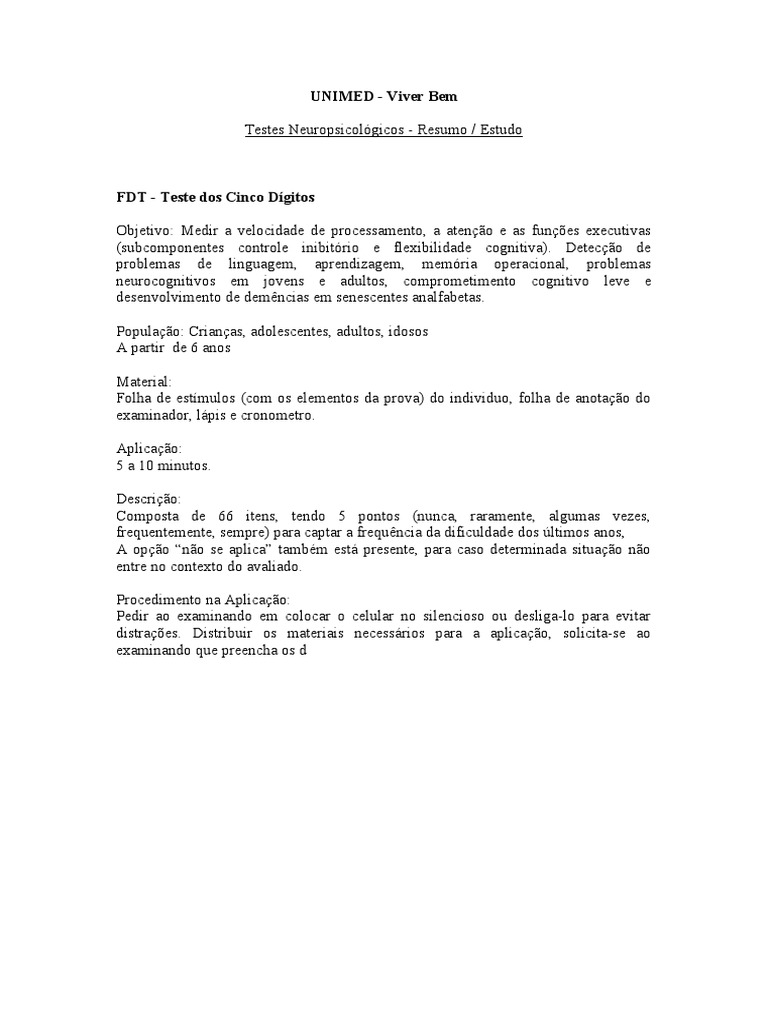Teste dos Cinco Dígitos (FDT): Resumo sobre um instrumento ...