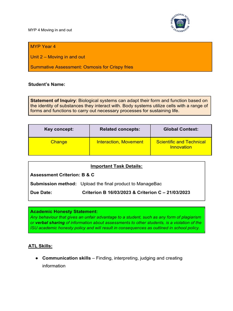 Summative Ssessment MYP 4 Criteria B & C | PDF | Scientific Method ...