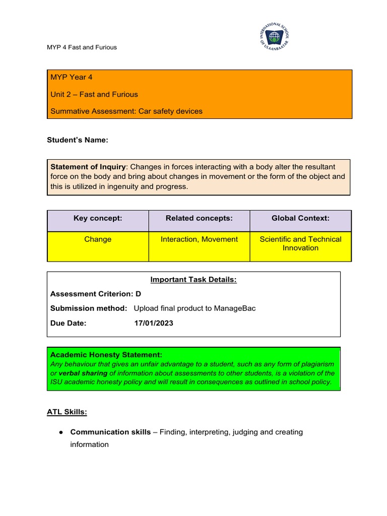 Summative Assessment MYP 4 Criterion D | PDF | Science | Traffic Collision