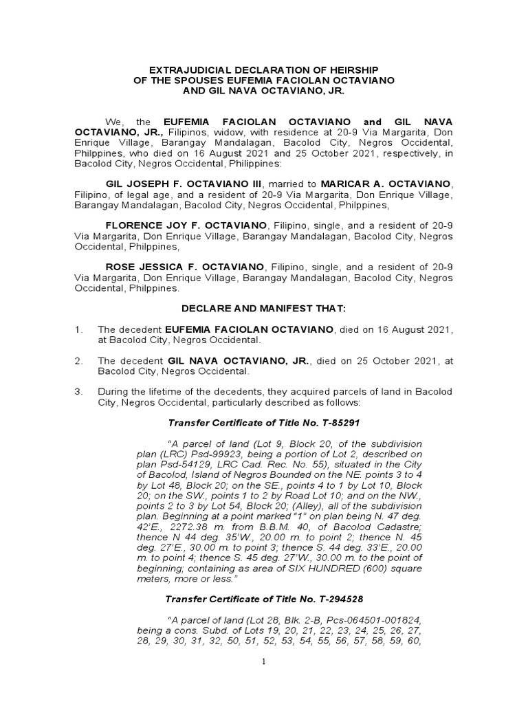 Transfer Certificate of Title No. T-85291 | PDF | Social Stratification | Civil Law (Legal System)