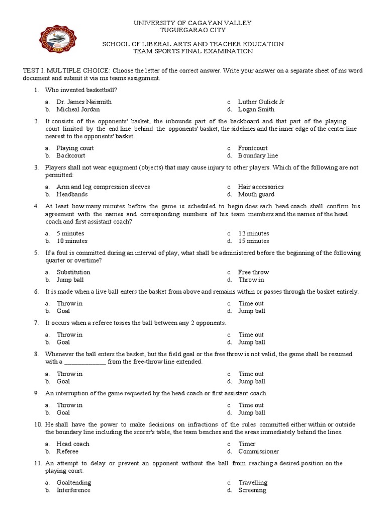 Team Sports Exam for Students | PDF | Rules | Games Of Physical Skill