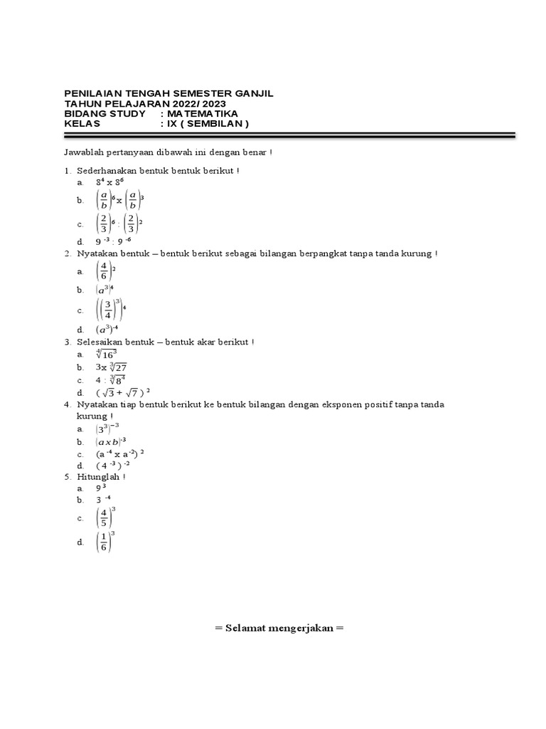 PTS GANJIL IX MATEMATIKA | PDF