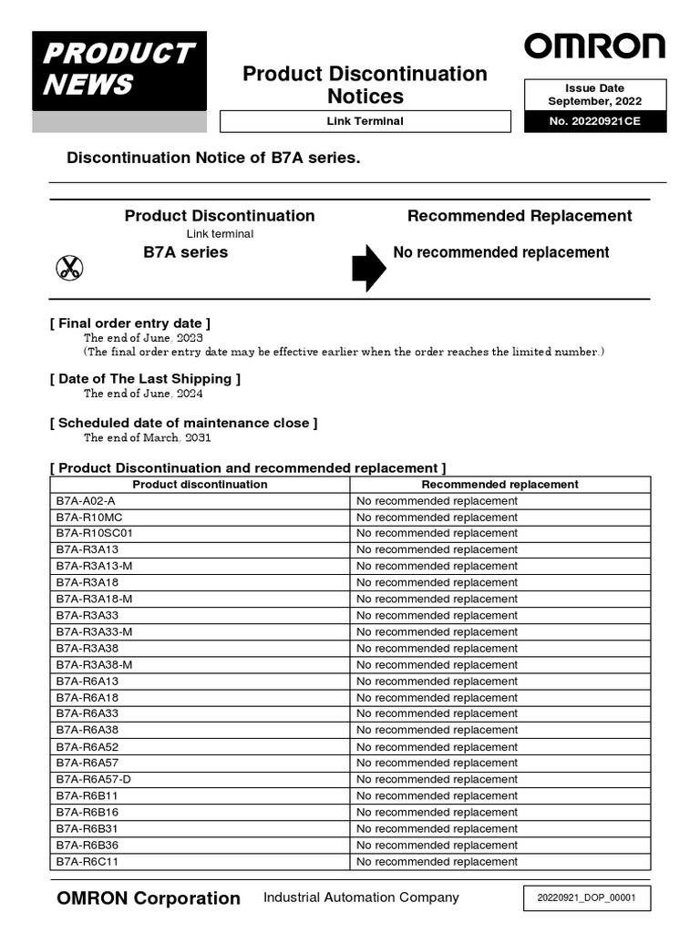 Discontinuation Notice and Product Replacement Information for the B7A ...