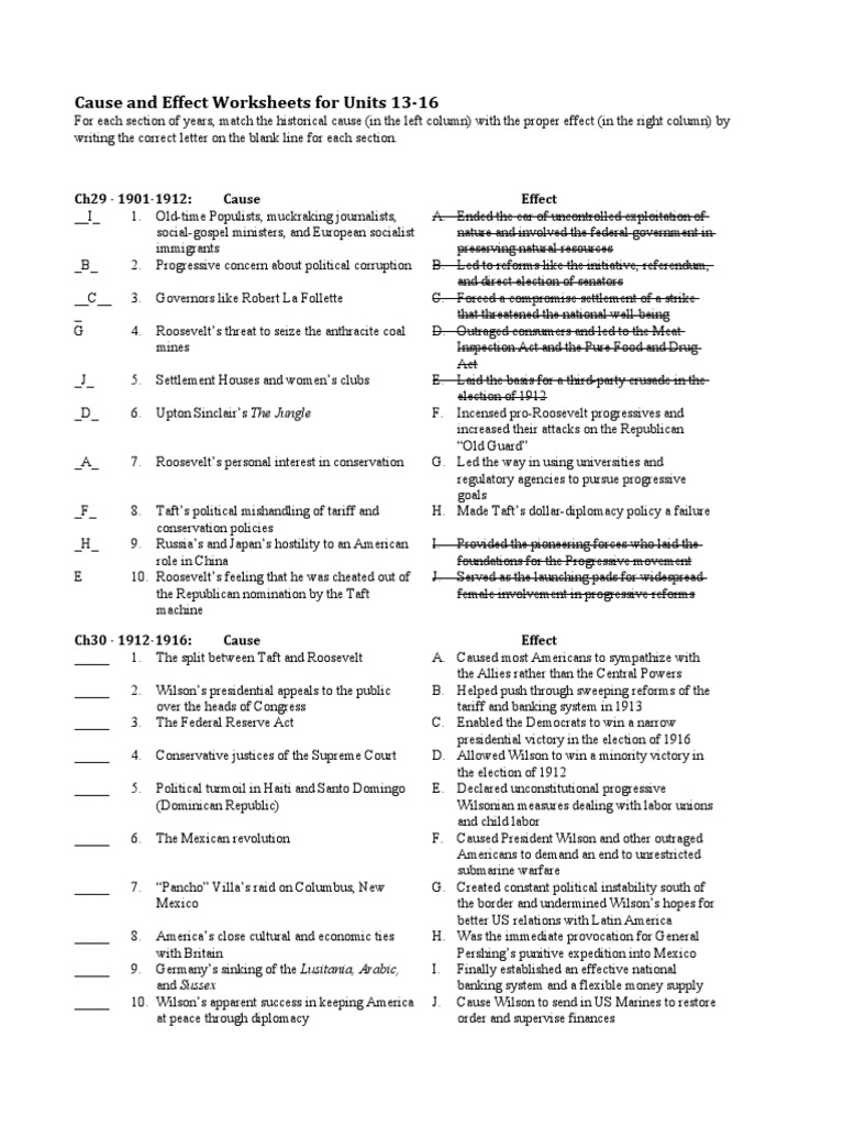 Cause and Effect Worksheets For APUSH Units 13-16 | Download Free PDF ...