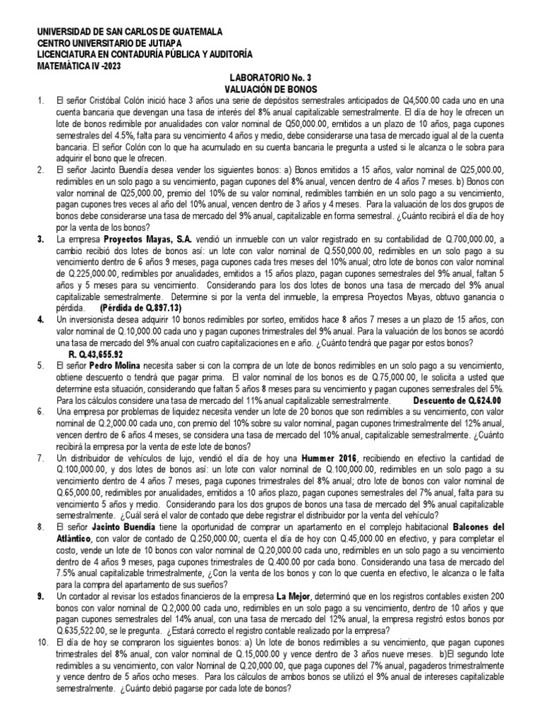 Laboratorio No. 3 Mate IV-2023 | PDF | Cupón | Bonos (Finanzas)
