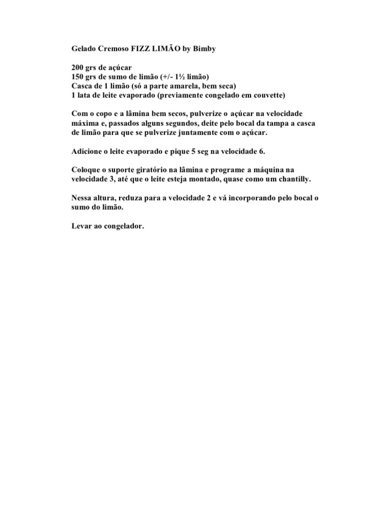Gelado Cremoso FIZZ LIMÃO by Bimby | PDF