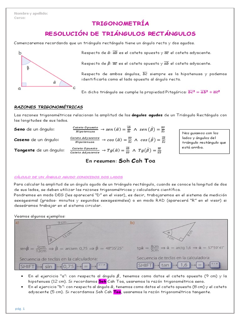 2 2CMTP Matematica. Resolucion de Triangulos Rectangulos PDF | PDF | Funciones trigonométricas ...