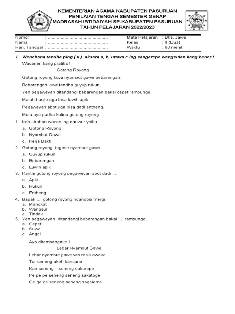 SOAL - PTS - 2 - BHS. JAWA - Kls 2 | PDF