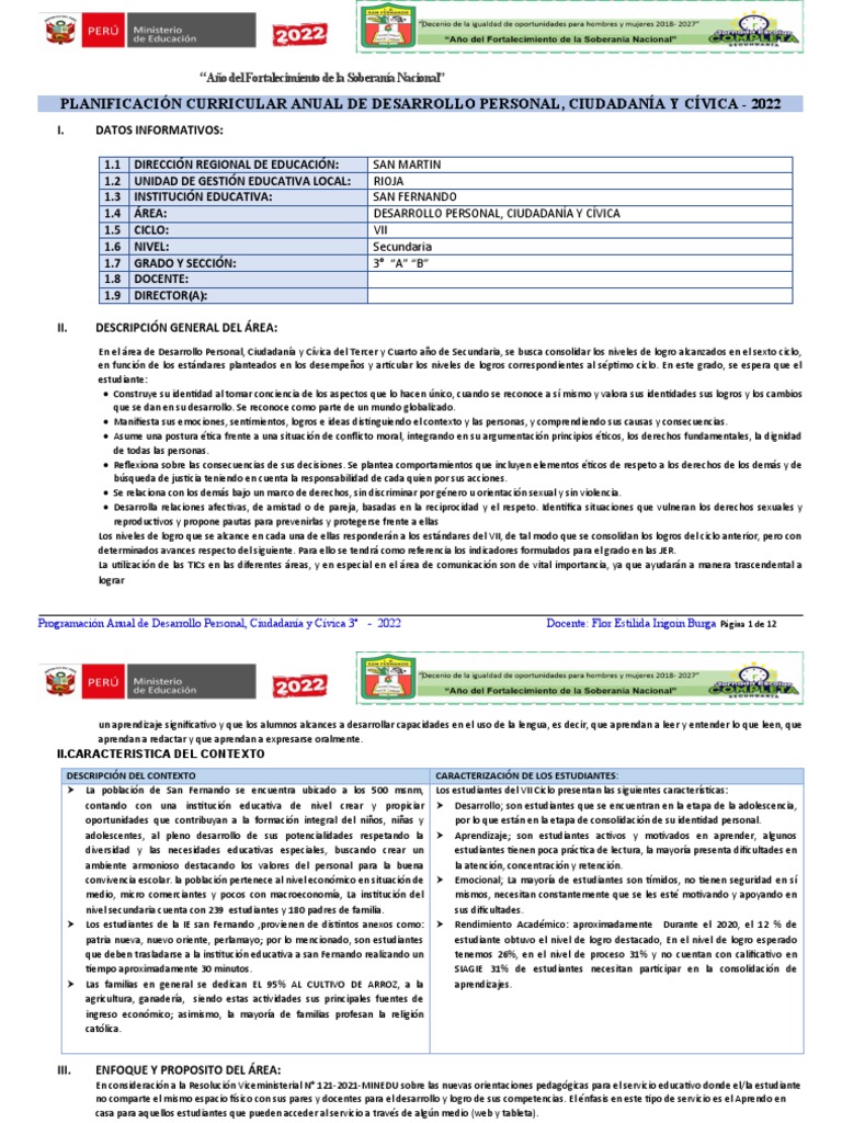 Planificación Curricular Anual de Desarrollo Personal, Ciudadanía Y Cívica - 2022 | PDF ...