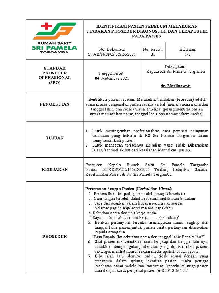 SPO 02 Identifikasi Pasien Sebelum Tindakan, Prosedur Diagnostik, Dan ...