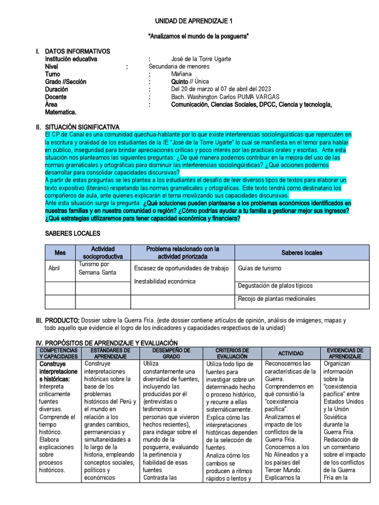 Unidad de Aprendizaje 1 CCSS - 5° 2023-20-03, 08-04 | Descargar gratis PDF | plan Marshall ...