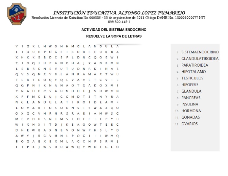 Sopa de Letras Del Sistema Endicrino | PDF