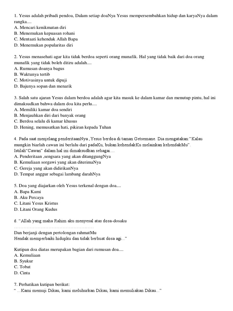 Soal PTS Agama Katolik SMP Kelas 7 Semester 2 | PDF