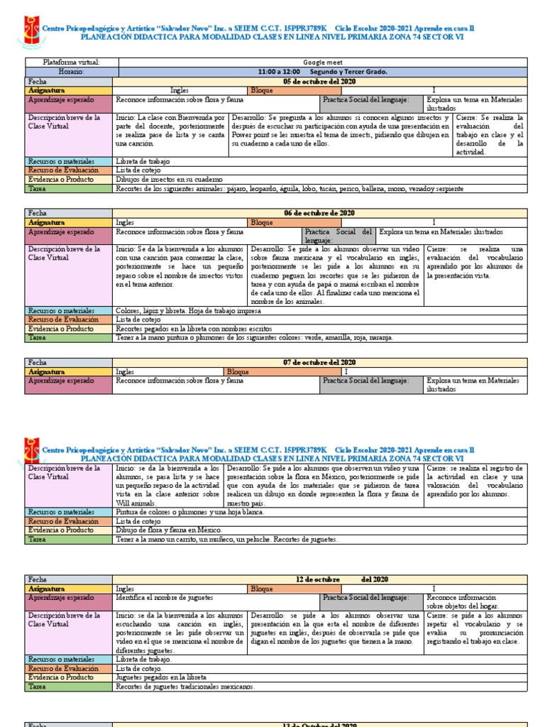 Planeacion de Ingles Octubre Preescolar | PDF | Aprendizaje | Evaluación