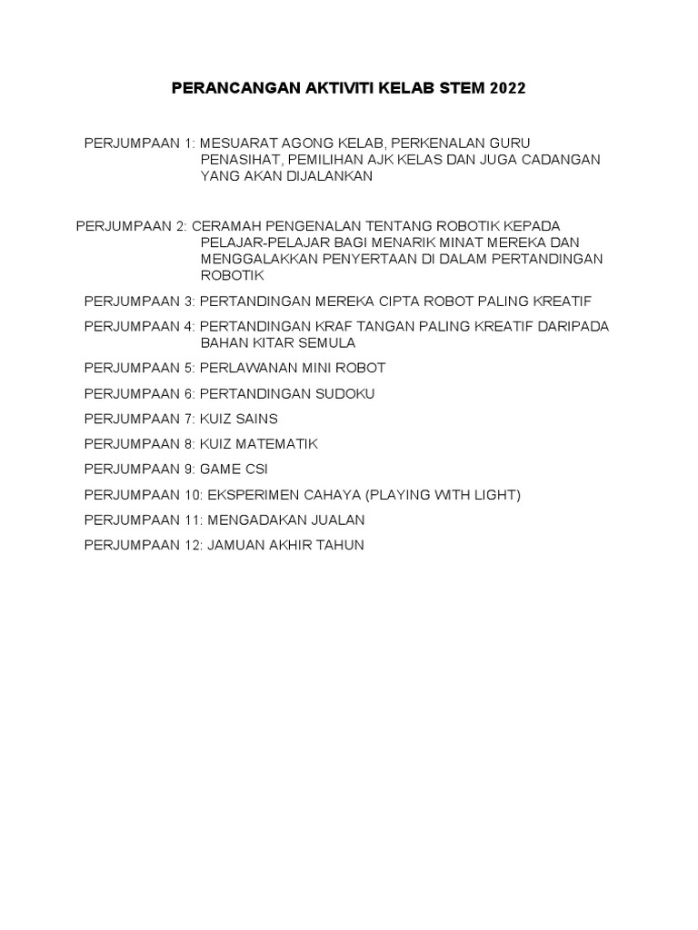 Perancangan Aktiviti Kelab Stem 2022 | PDF
