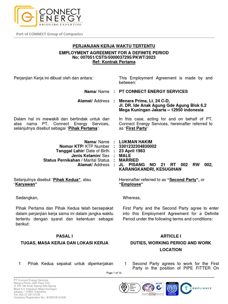 Perjanjian Kerja PT Connect Energy | PDF