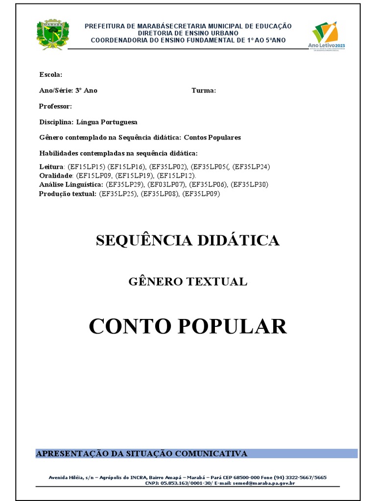 Contos Populares - SEQUENCIA DIDÁTICA - FINALIZDA | PDF | Contos ...
