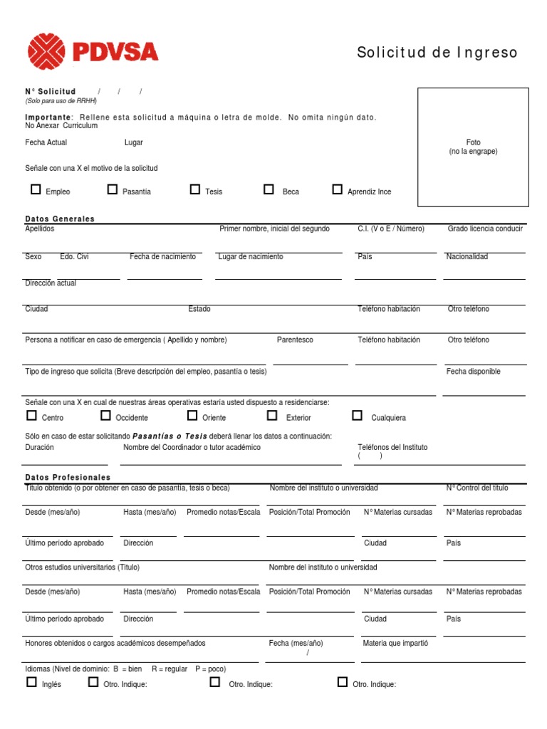 FORMATO Planilla de Solicitud de Ingreso | PDF