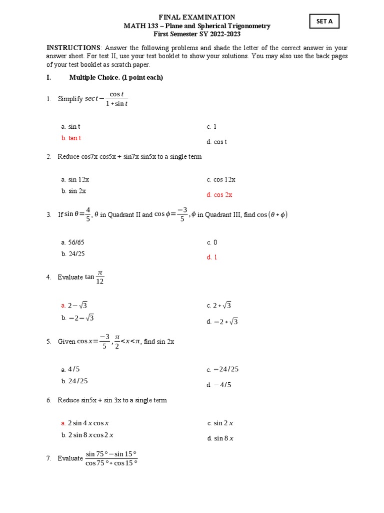 Trigonometry Final Exam | PDF | Triangle | Angle