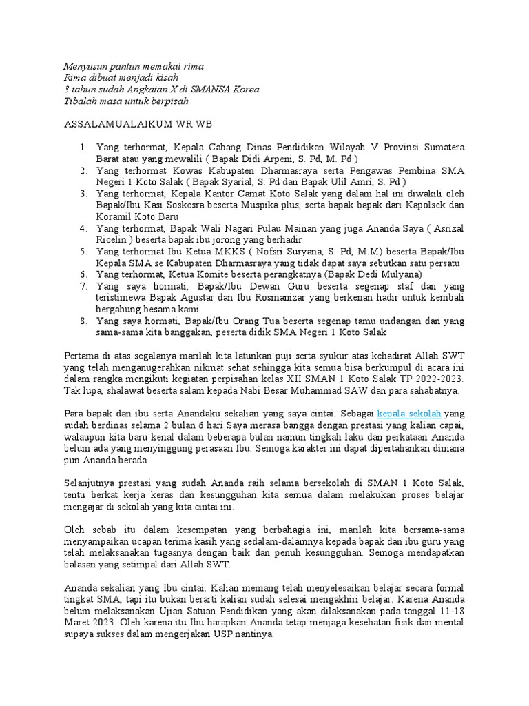 Draft Sambutan Perpisahan Kelas XII TH 2023 | PDF