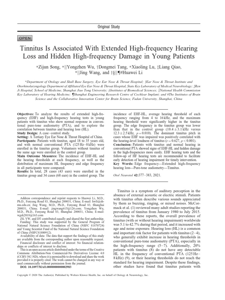 Tinnitus Is Associated With Extended High Frequency Hearing Loss and ...
