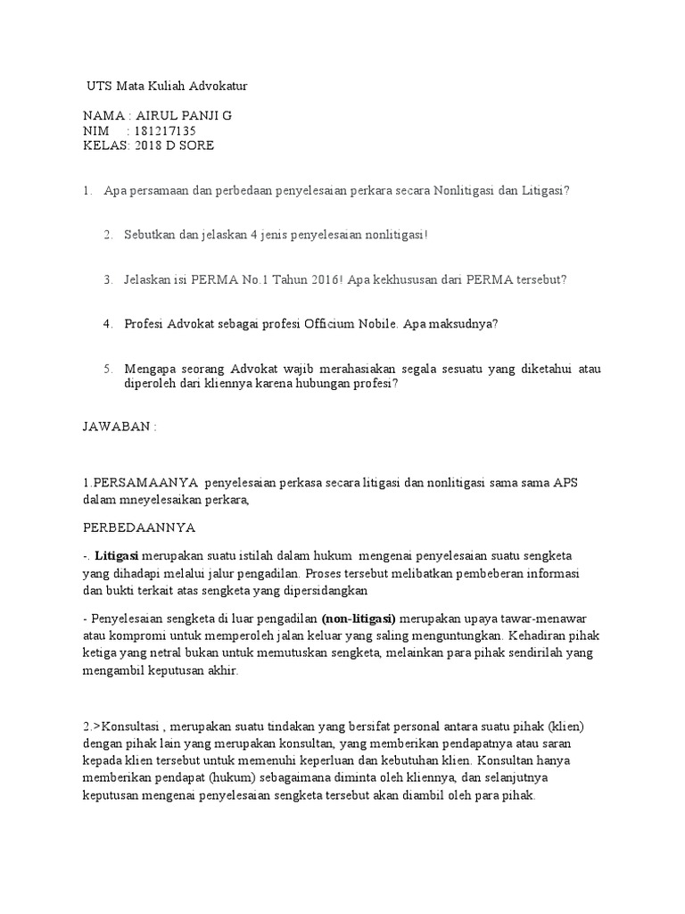 JAWABAN UTS Mata Kuliah Advokatur | PDF | Hukum