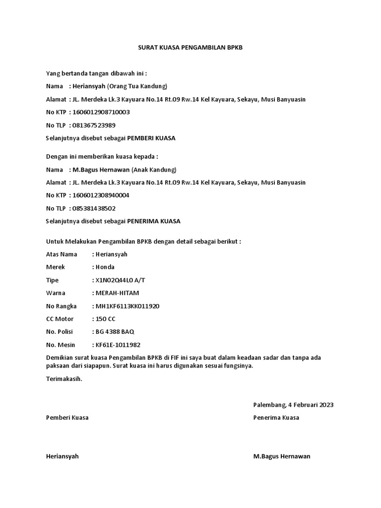 Surat Kuasa Pengambilan BPKB | PDF