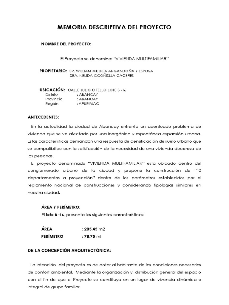 Memoria Descriptiva para Declaratoria de Fabrica | PDF | Edificios y estructuras | Inicio