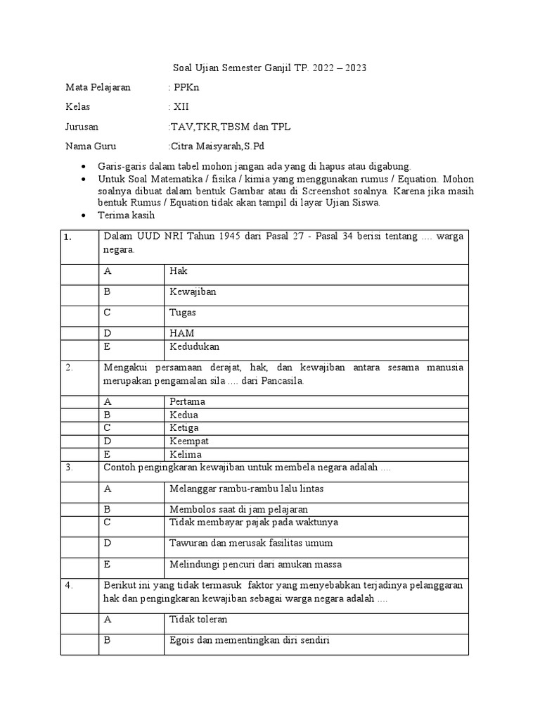 Soal PPKN Semester Ganjil XII | PDF