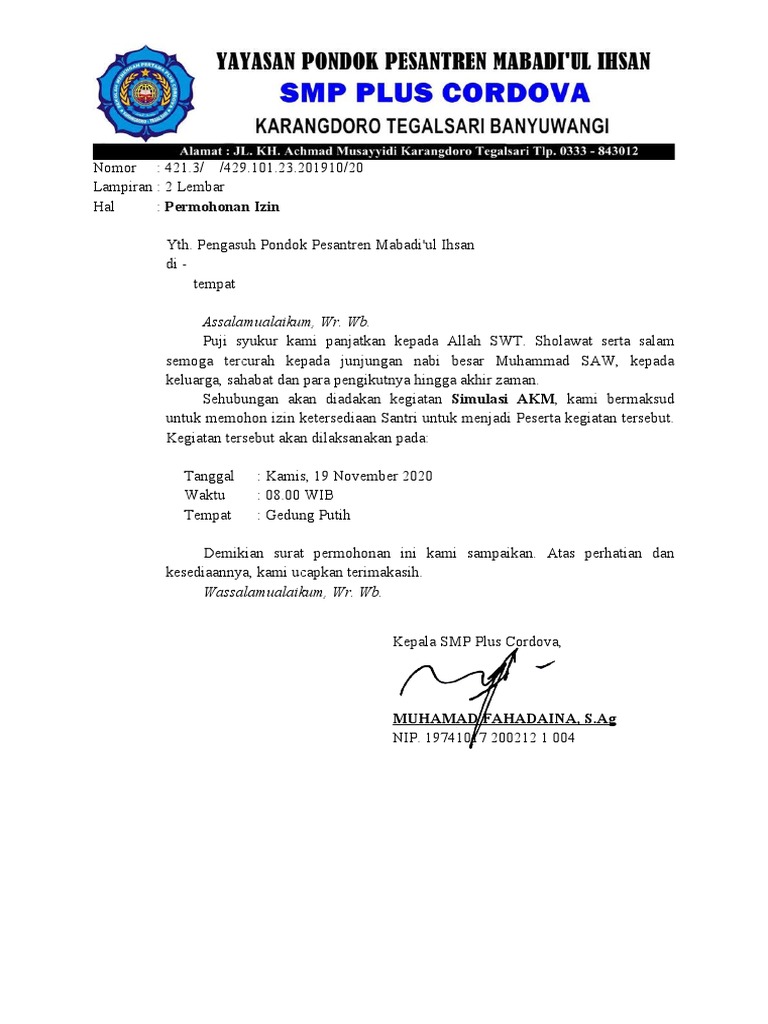 Surat Permohonan Ijin Peserta Akm | PDF