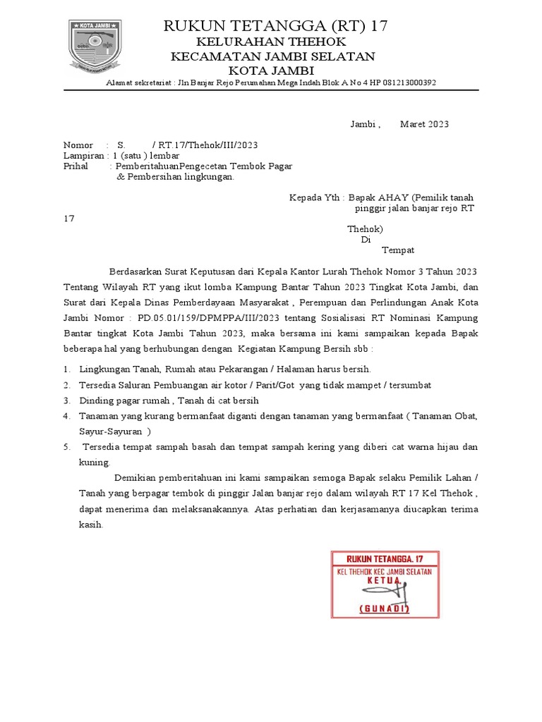 Surat Ke Warga RT 17 | PDF