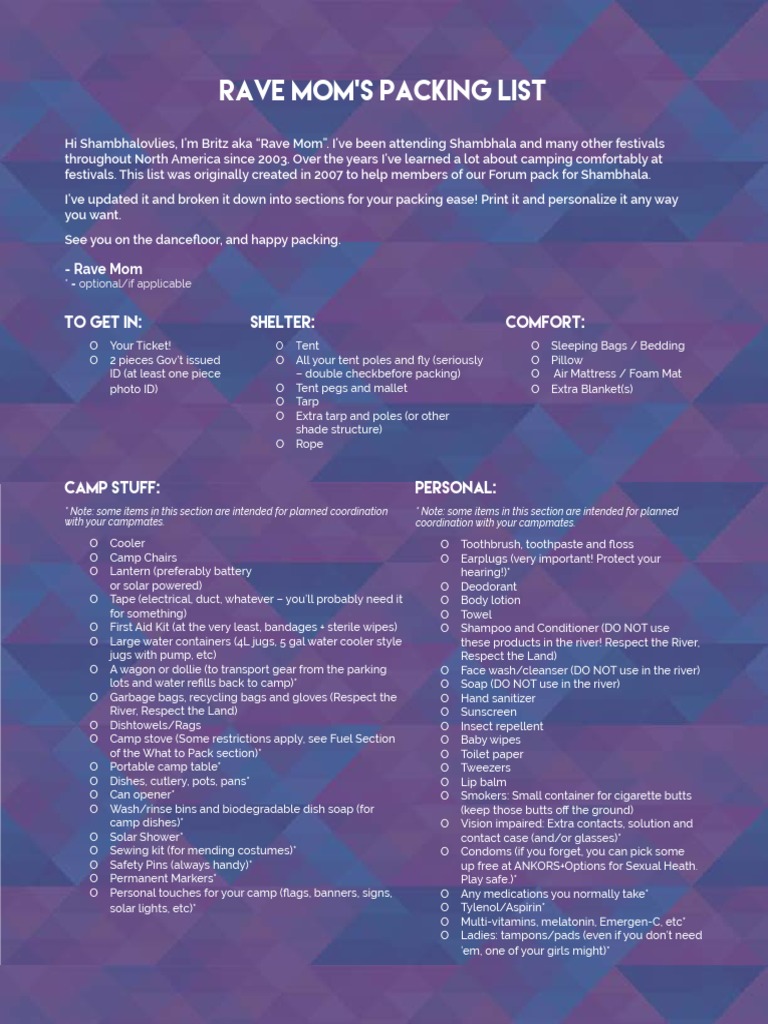 Rave Moms Packing List | PDF | Tent | Equipment