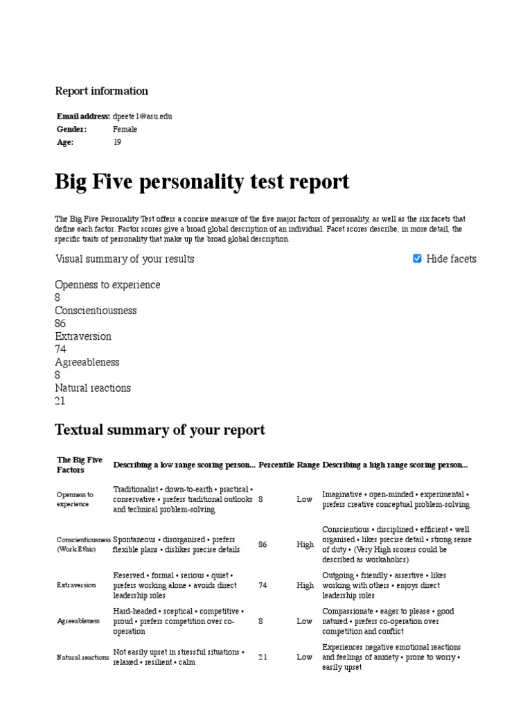 Jia's Big Five Personality Test Results | PDF | Human Development ...