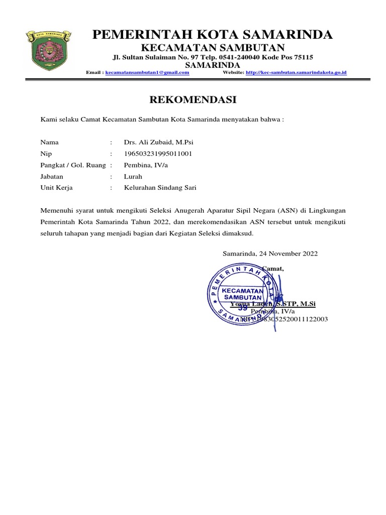 Surat Rekomendasi Anugerah ASN | PDF